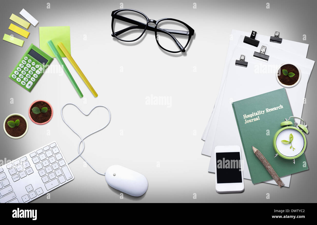 a desk full of items Stock Photo - Alamy
