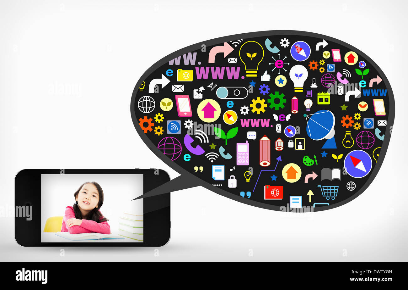 a girl on a Mobil phone with icons Stock Photo - Alamy