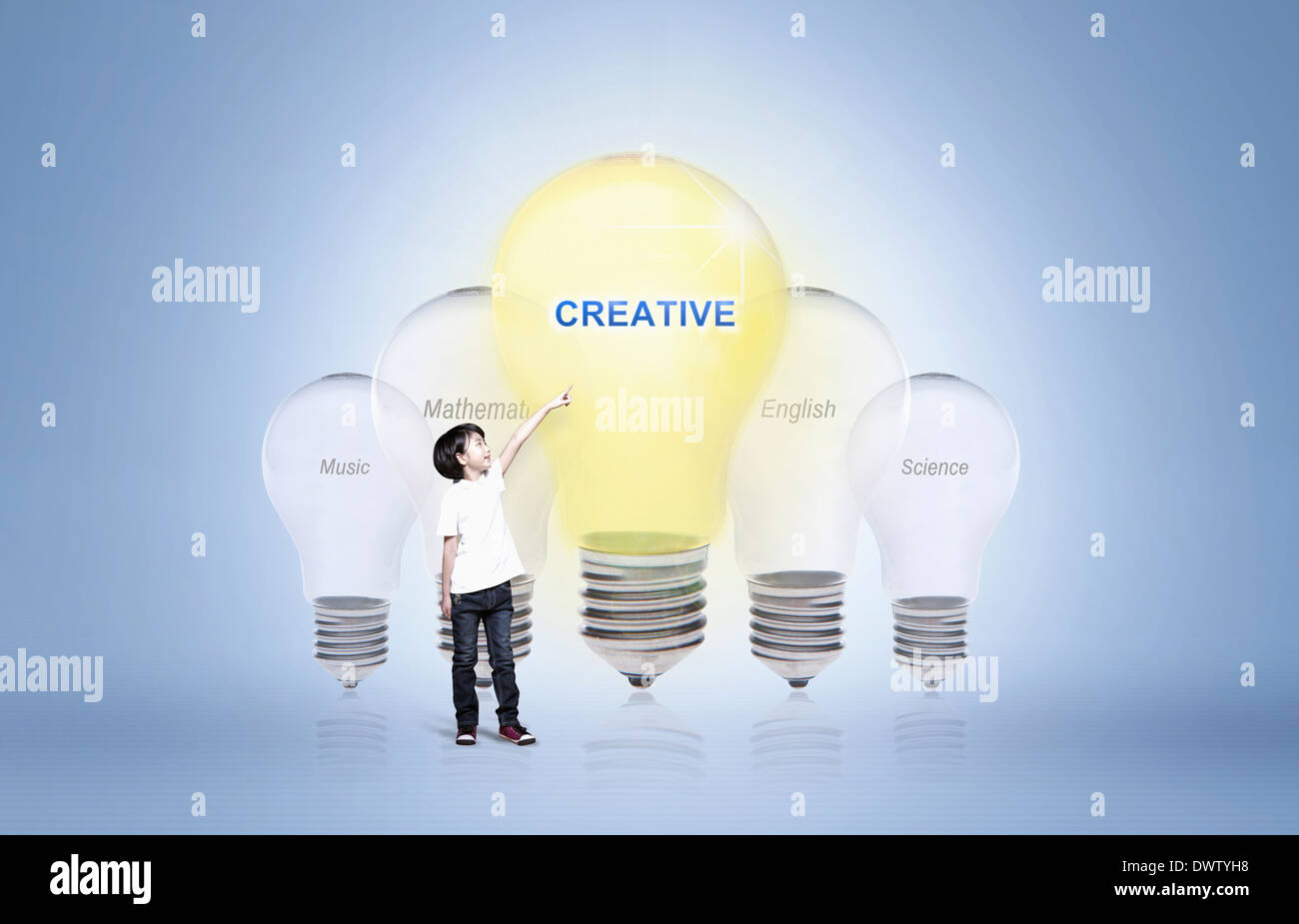 a boy pointing at a light bulb Stock Photo - Alamy