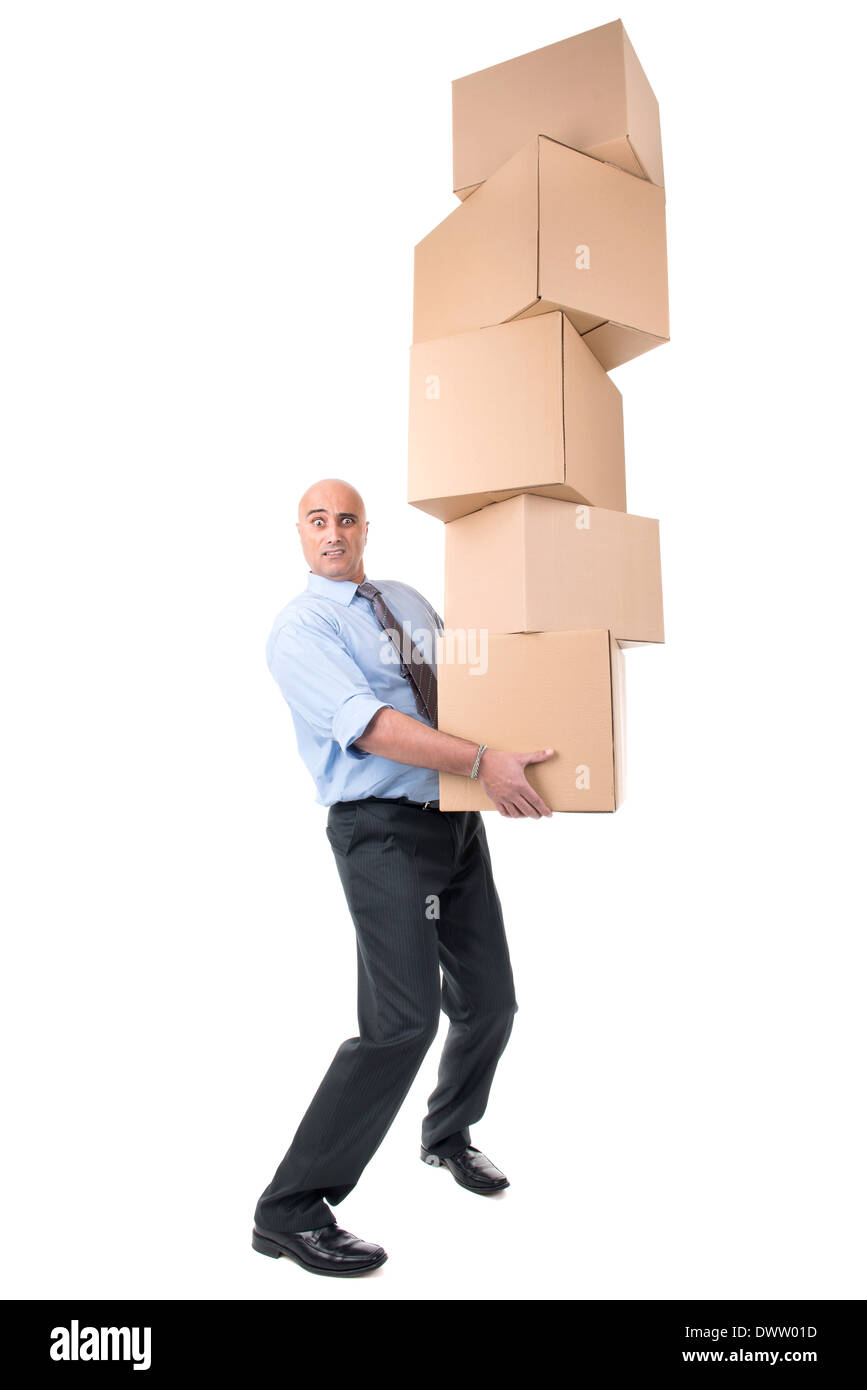 Businessman carrying a stack of cardboard boxes Stock Photo - Alamy