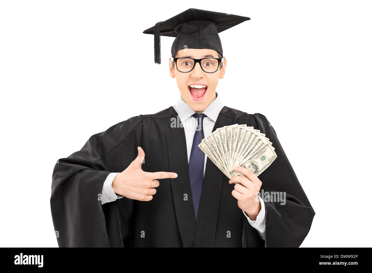 Male student holding cash and pointing with finger Stock Photo - Alamy