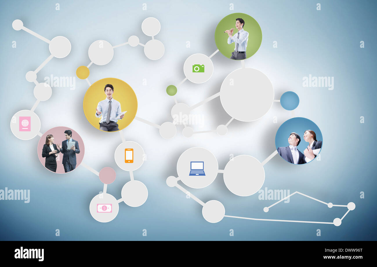 business people next to several icons Stock Photo - Alamy