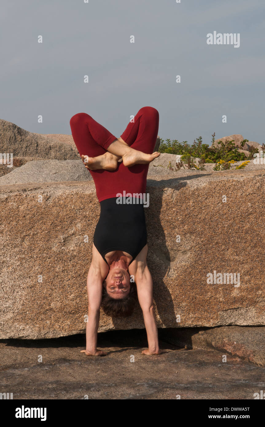 Iyengar Yoga Instructor Demonstrates Adho Mukha Vriksasana padmasana ...