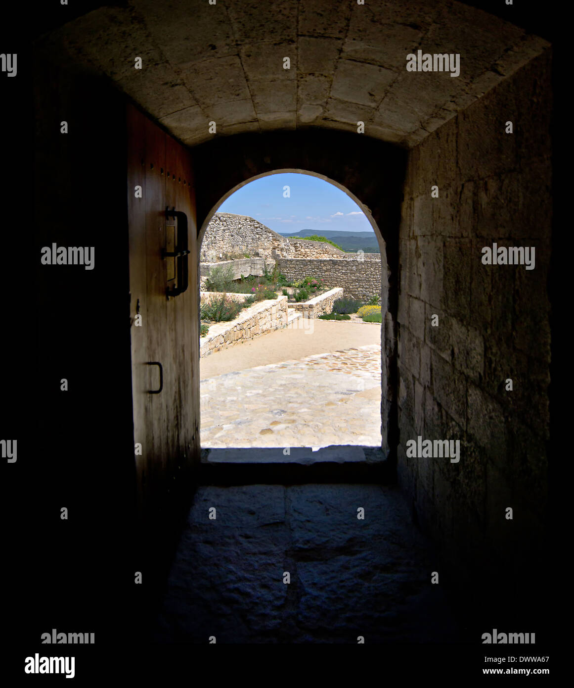 Bright daylight through the doorway. Old Monastery, France, Banon Stock ...