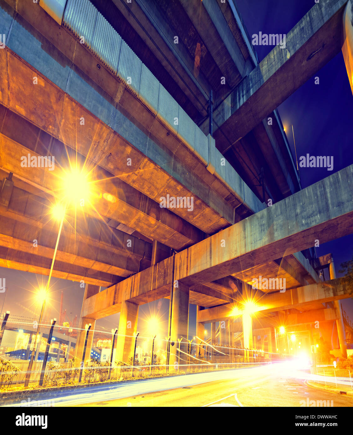 elevated express way Under view of the city overpass at night, HongKong ...