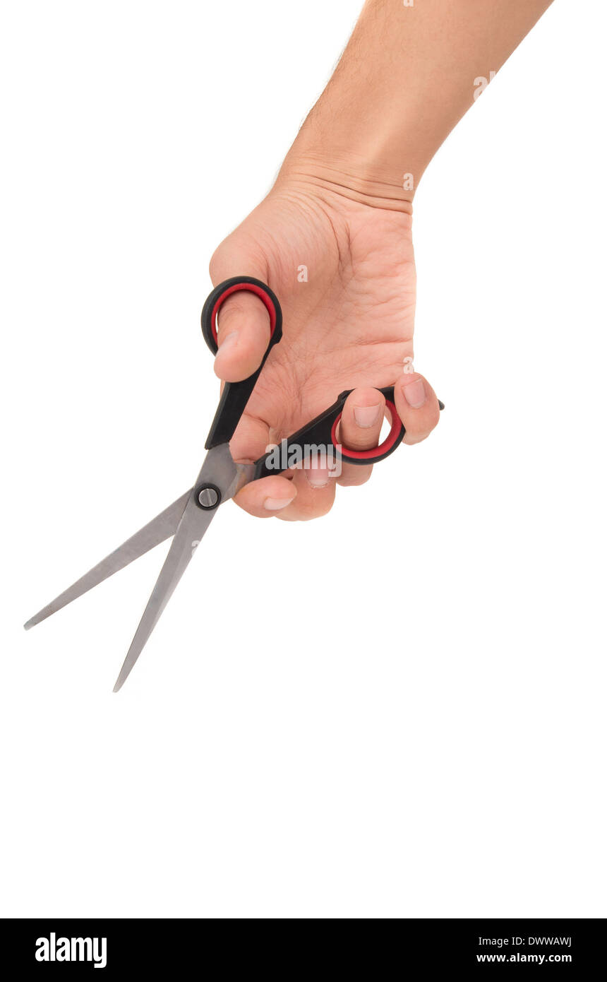 Scissors in hand on white background Stock Photo - Alamy