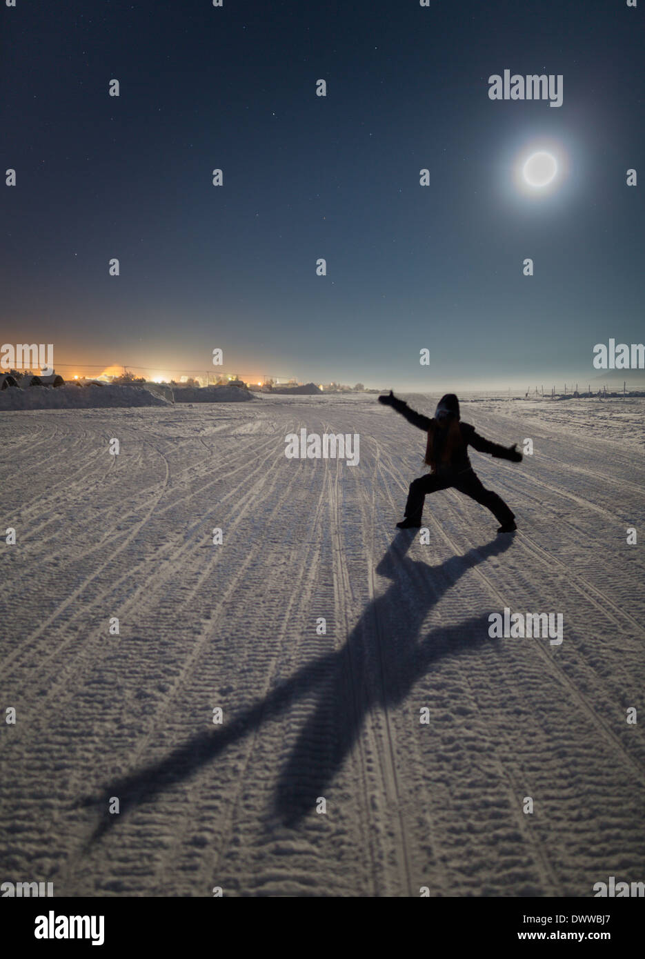 Woman having fun in the frozen landscape, cold temperatures as low as ...