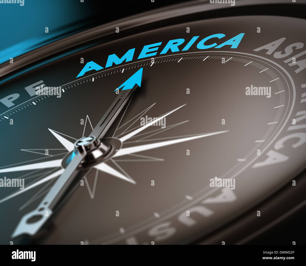 Abstract compass needle pointing the destination america, blue and ...