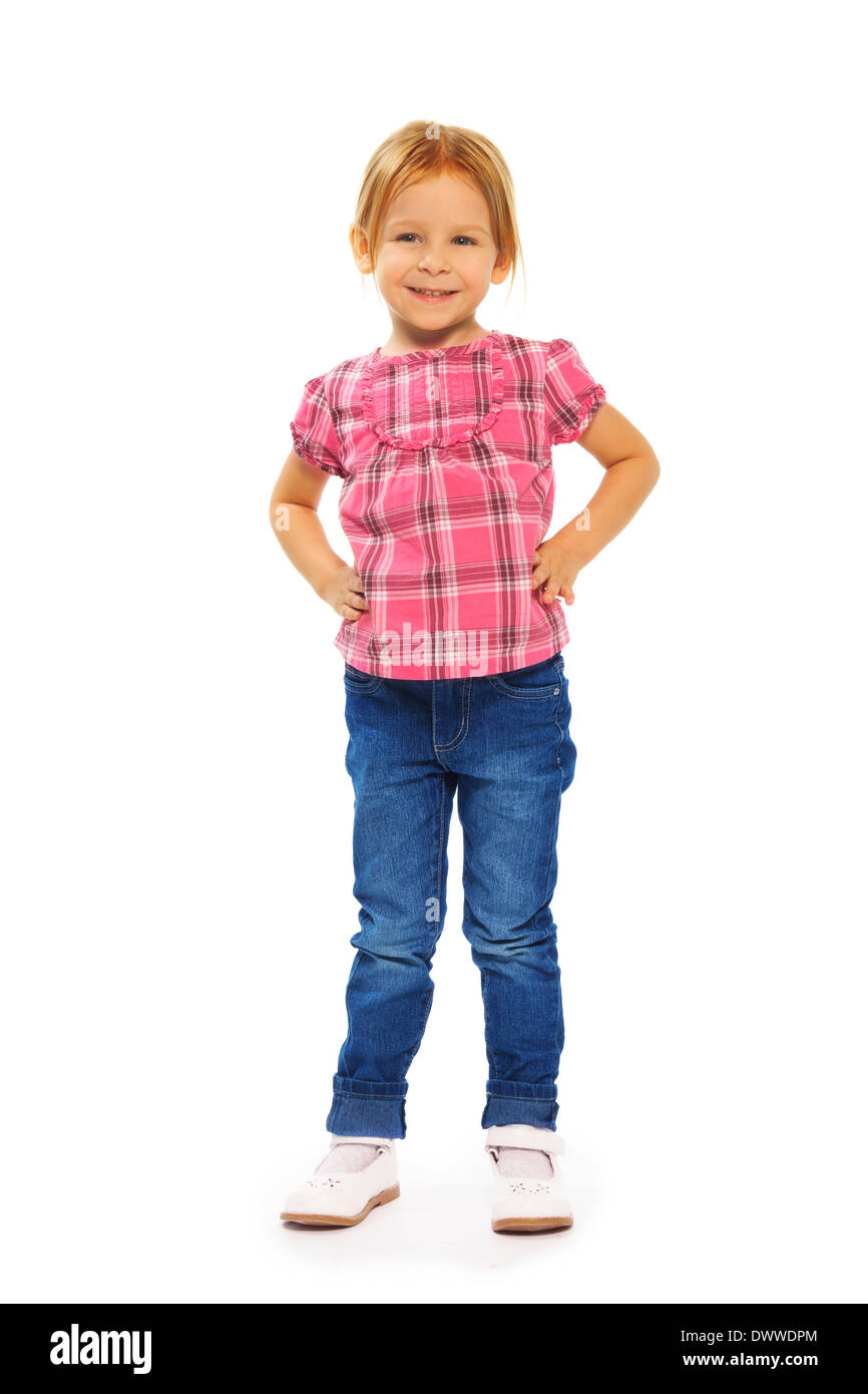 Full height portrait of happy girl in pink shirt standing isolated on ...