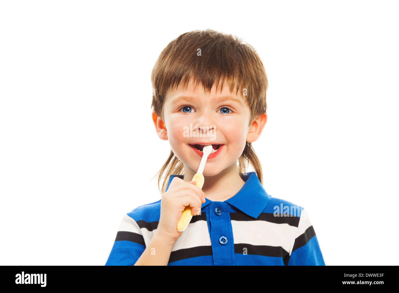 Close shoot of thee years old boy brushing his teeth with toothbrush ...