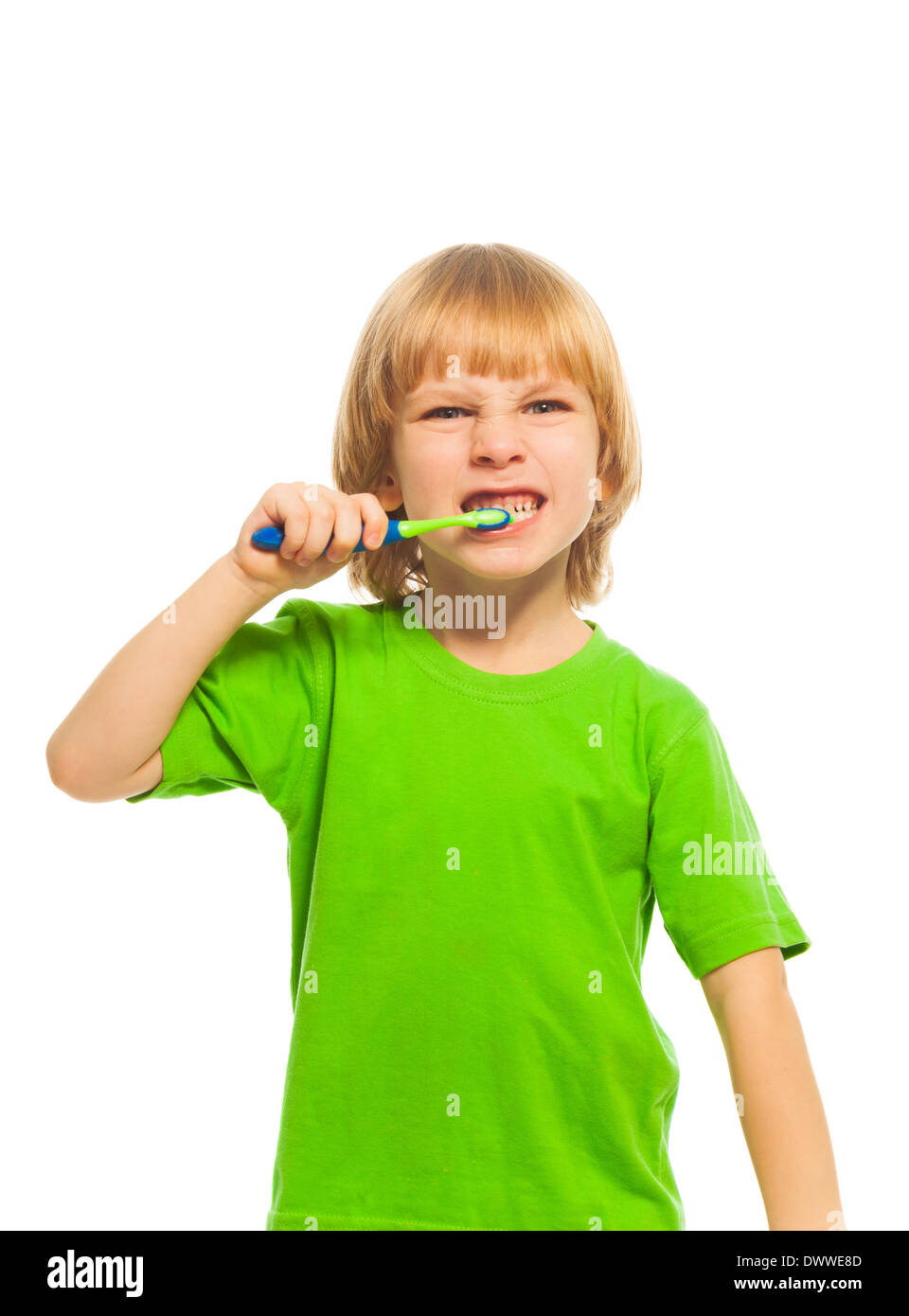 Portrait of blond 4 years old boy boy brushing teeth with toothpaste ...