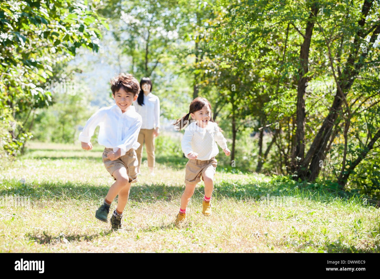 a mother and kids having a walk in the nature Stock Photo - Alamy