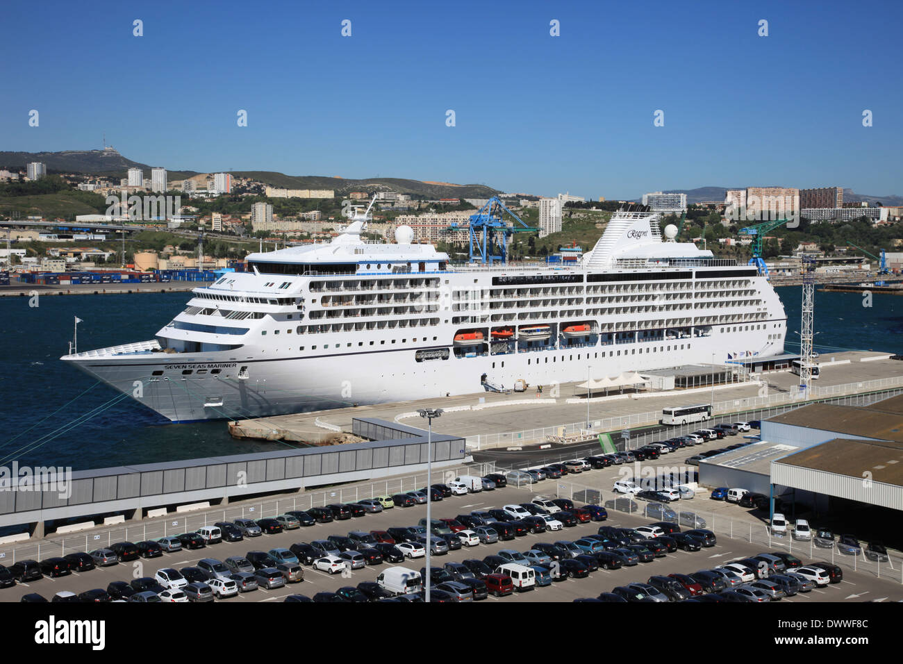 Luxury cruise ship mv Seven Seas Mariner alongside in Marseille harbor ...