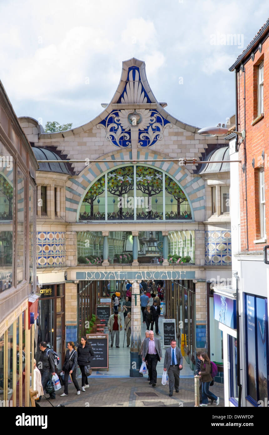 Exterior view of the royal arcade, with female shoppers, Norwich ...