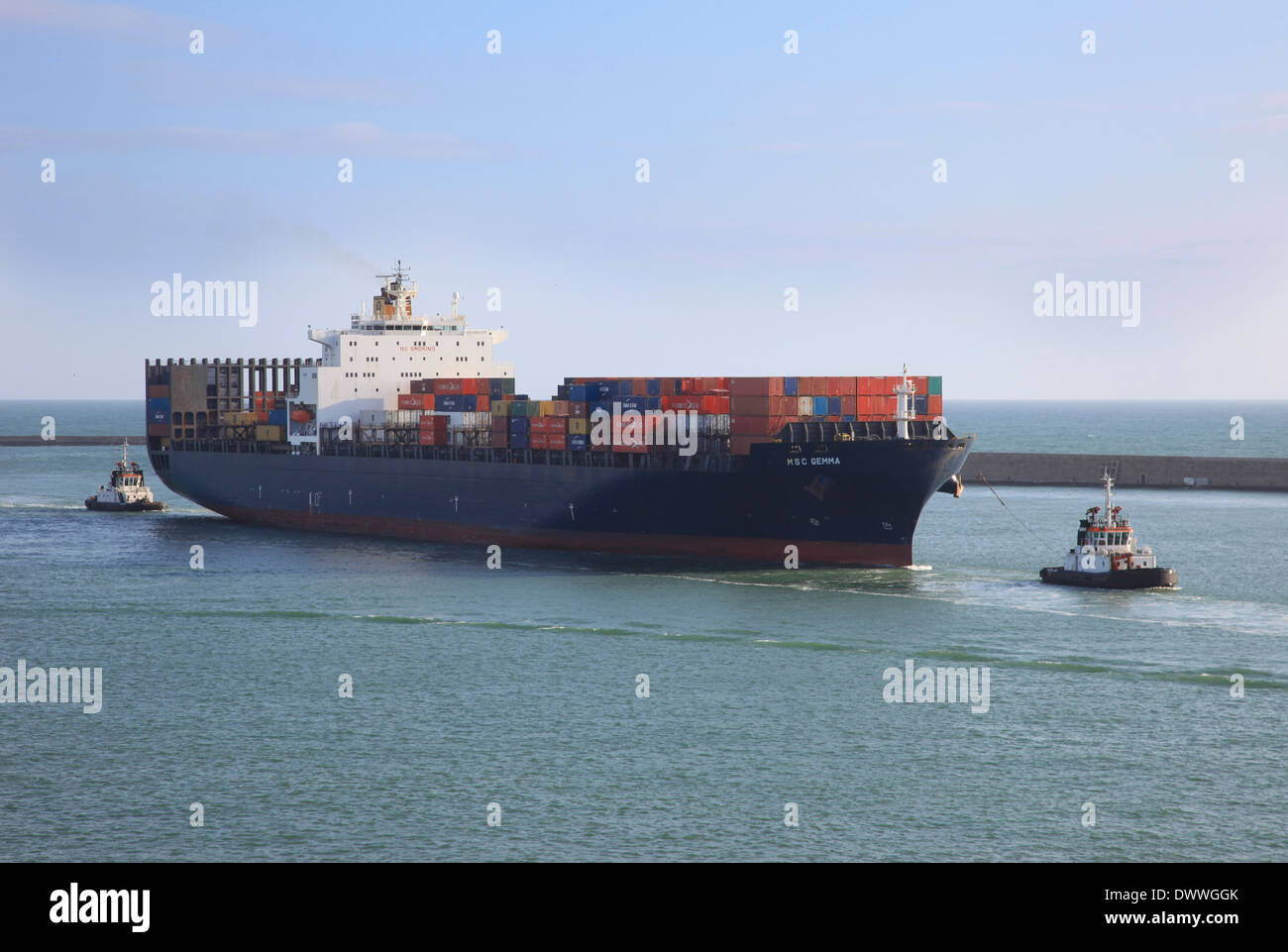 Container ship MSC Gemma arriving Civitavecchia harbor Italy assisted ...