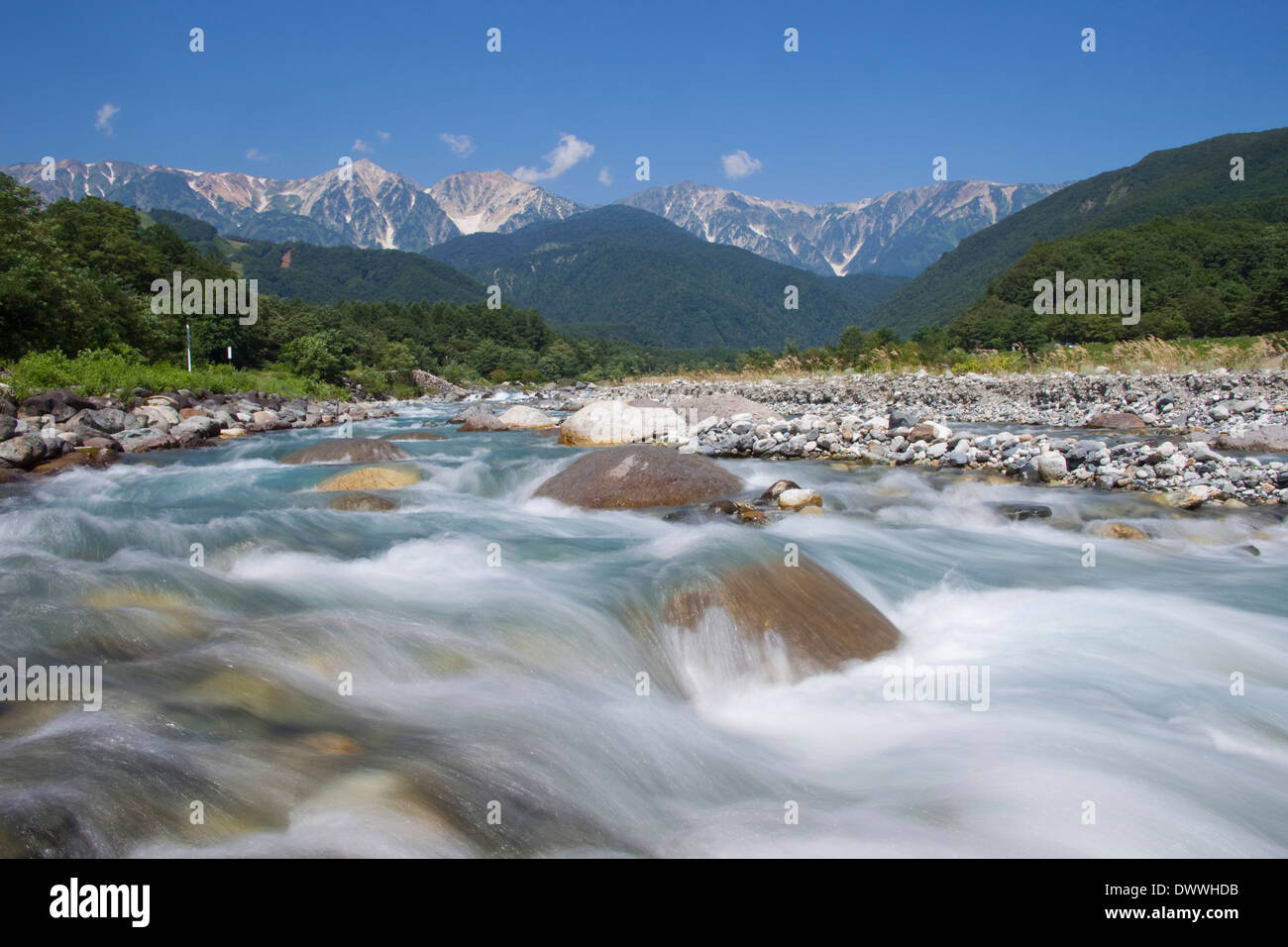 Japanese Northern Alps and river, Nagano Prefecture, Japan Stock Photo ...