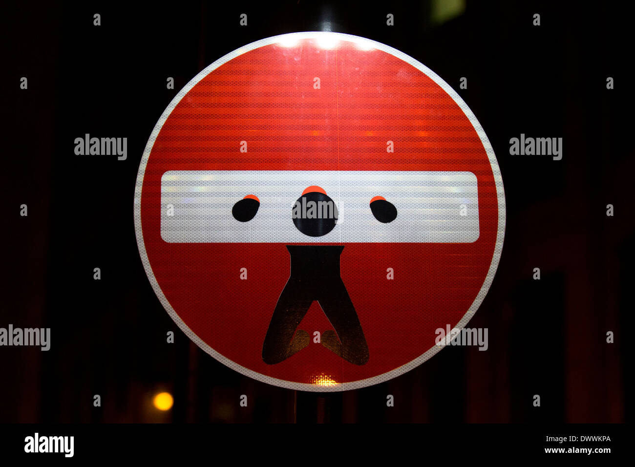 Graffiti on a No Entry street sign, Mansell Street, London, England, UK ...