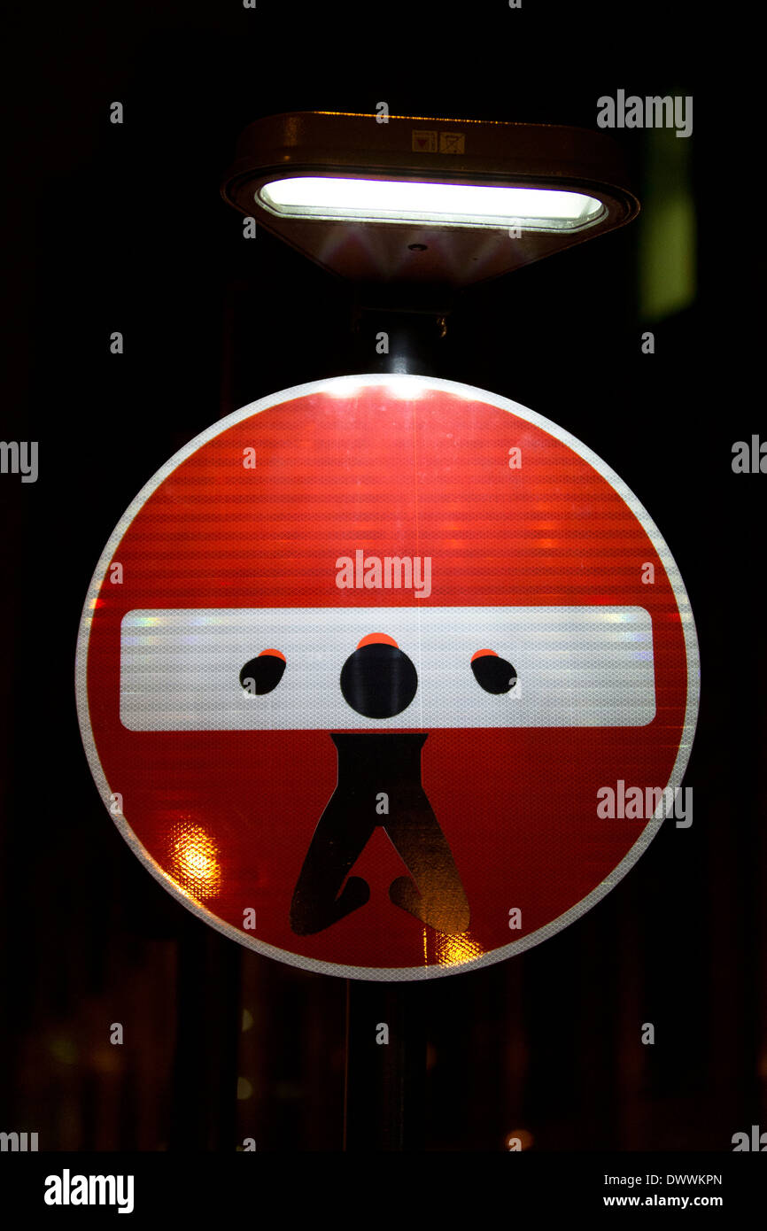 Graffiti on a No Entry street sign, Mansell Street, London, England, UK ...