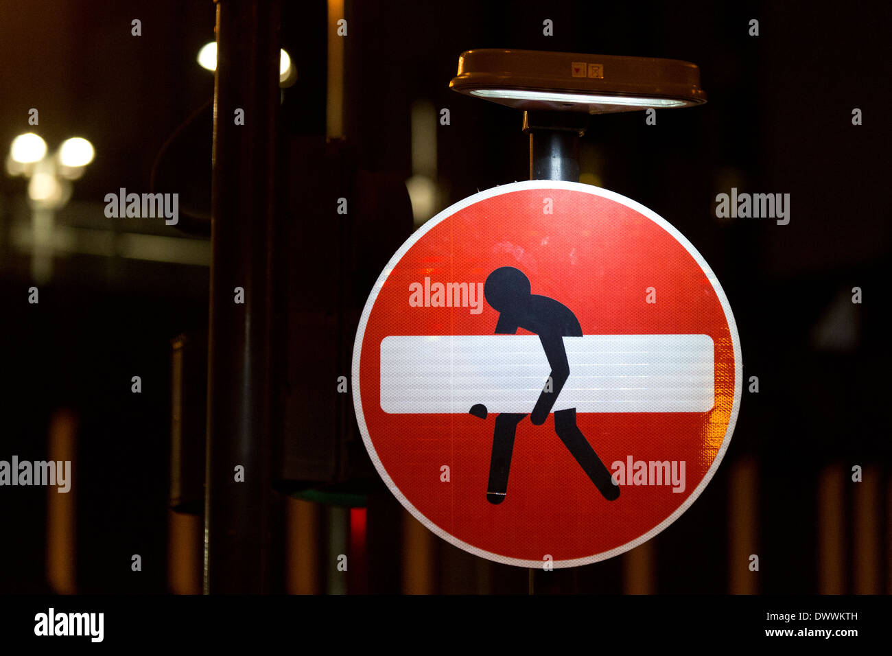 Graffiti on a No Entry street sign, Mansell Street, London, England, UK ...
