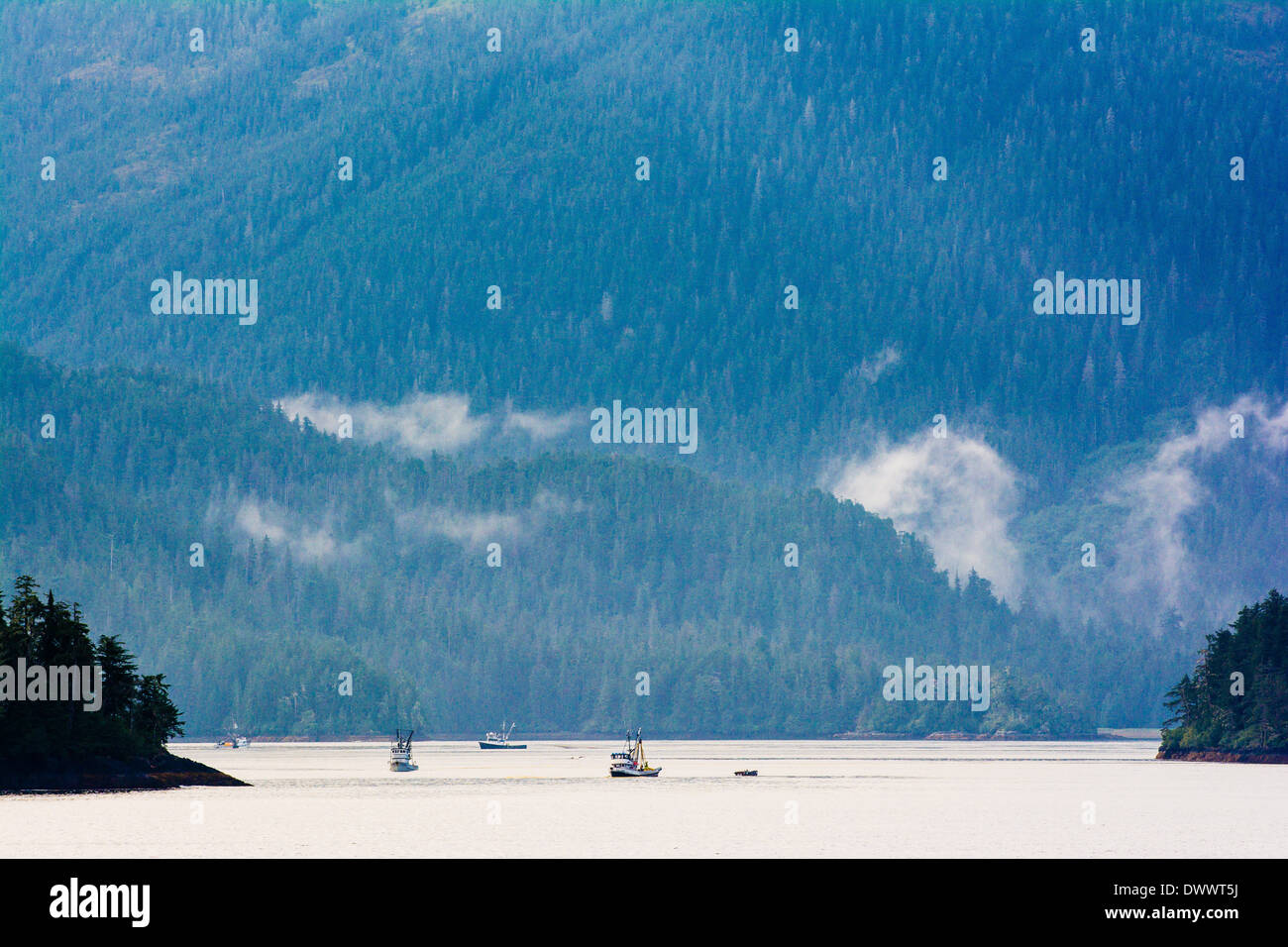 Purse seining salmon fishing boats off the coast of Sitka, Alaska Stock ...