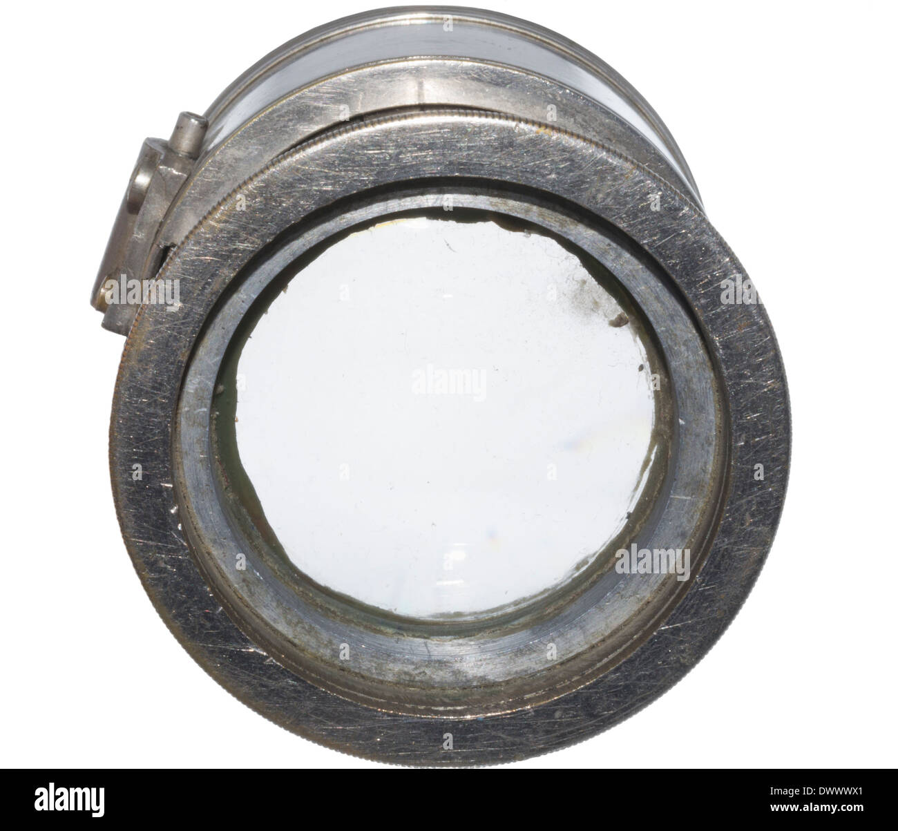 Vintage lens from an old video camera is isolated on white background ...