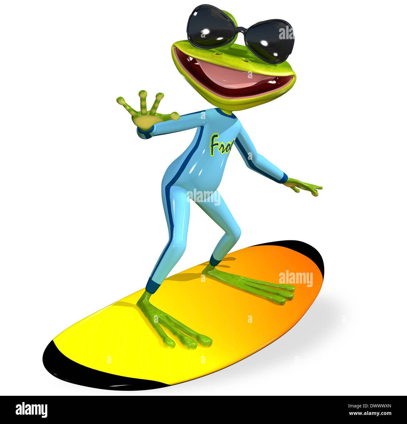 3d illustration merry green frog on a surfboard Stock Photo - Alamy