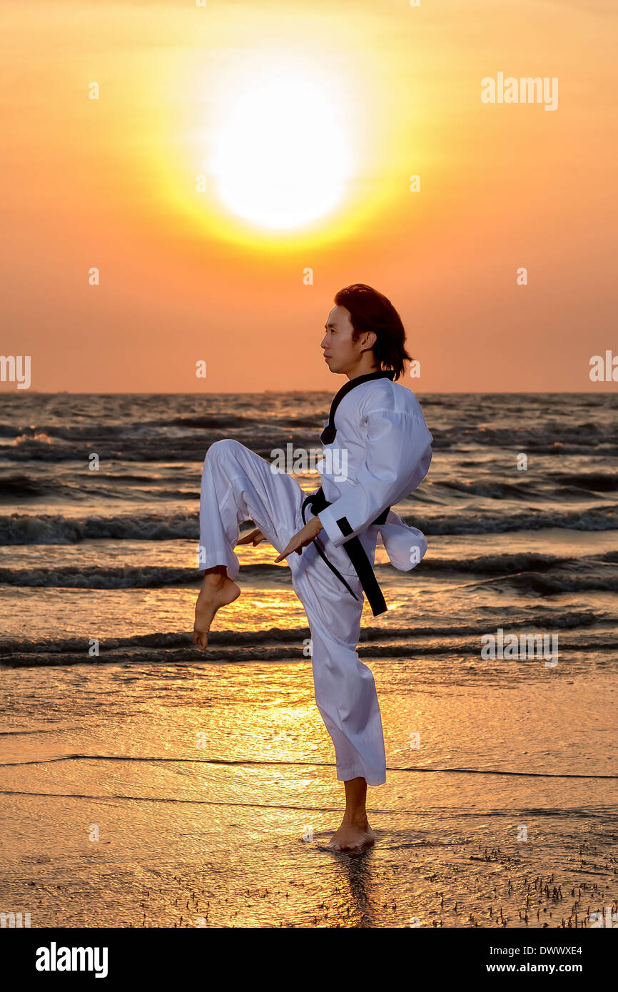 Martial arts man on beach at sunset Stock Photo - Alamy
