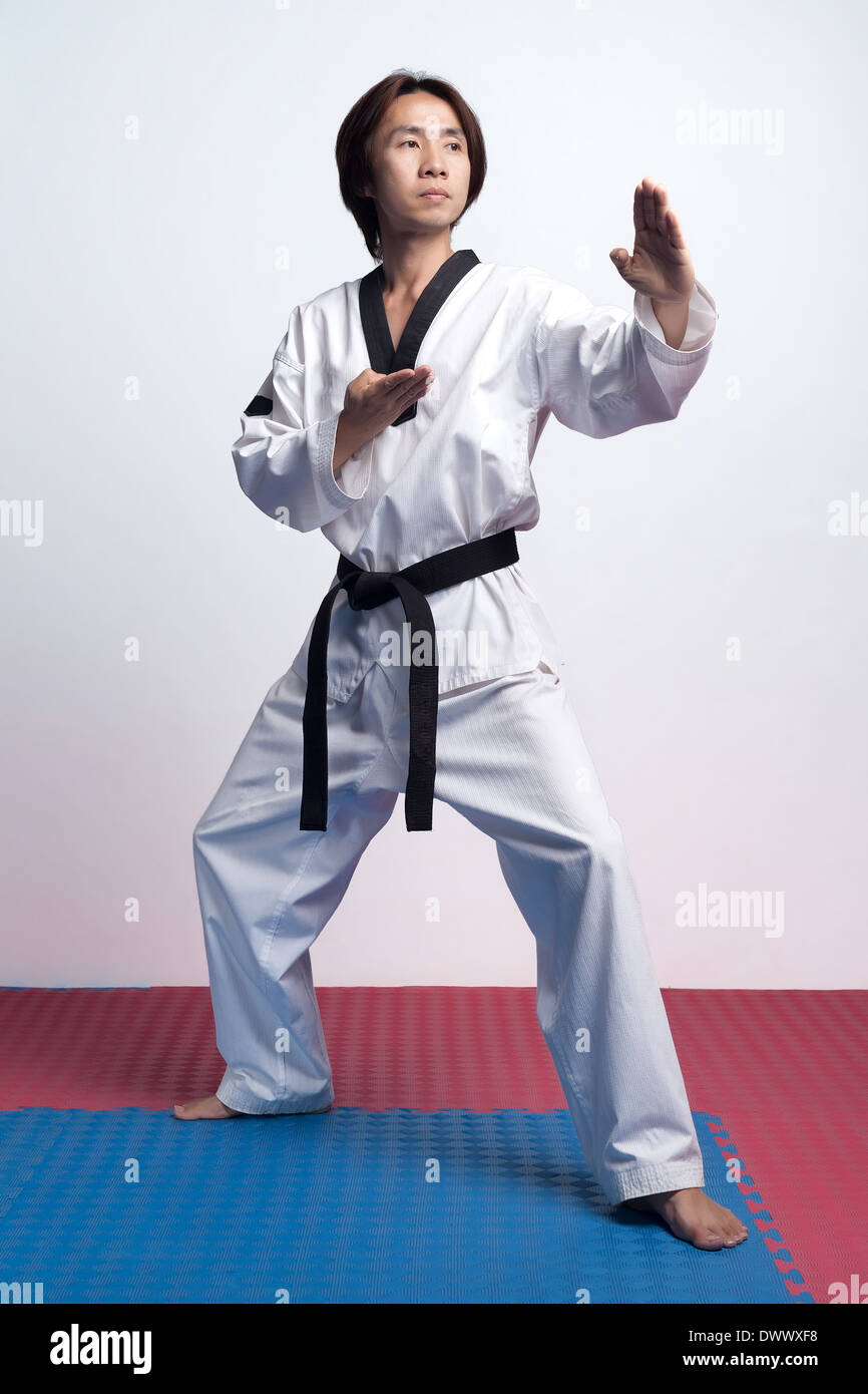 Taekwondo man practicing in gym Stock Photo - Alamy