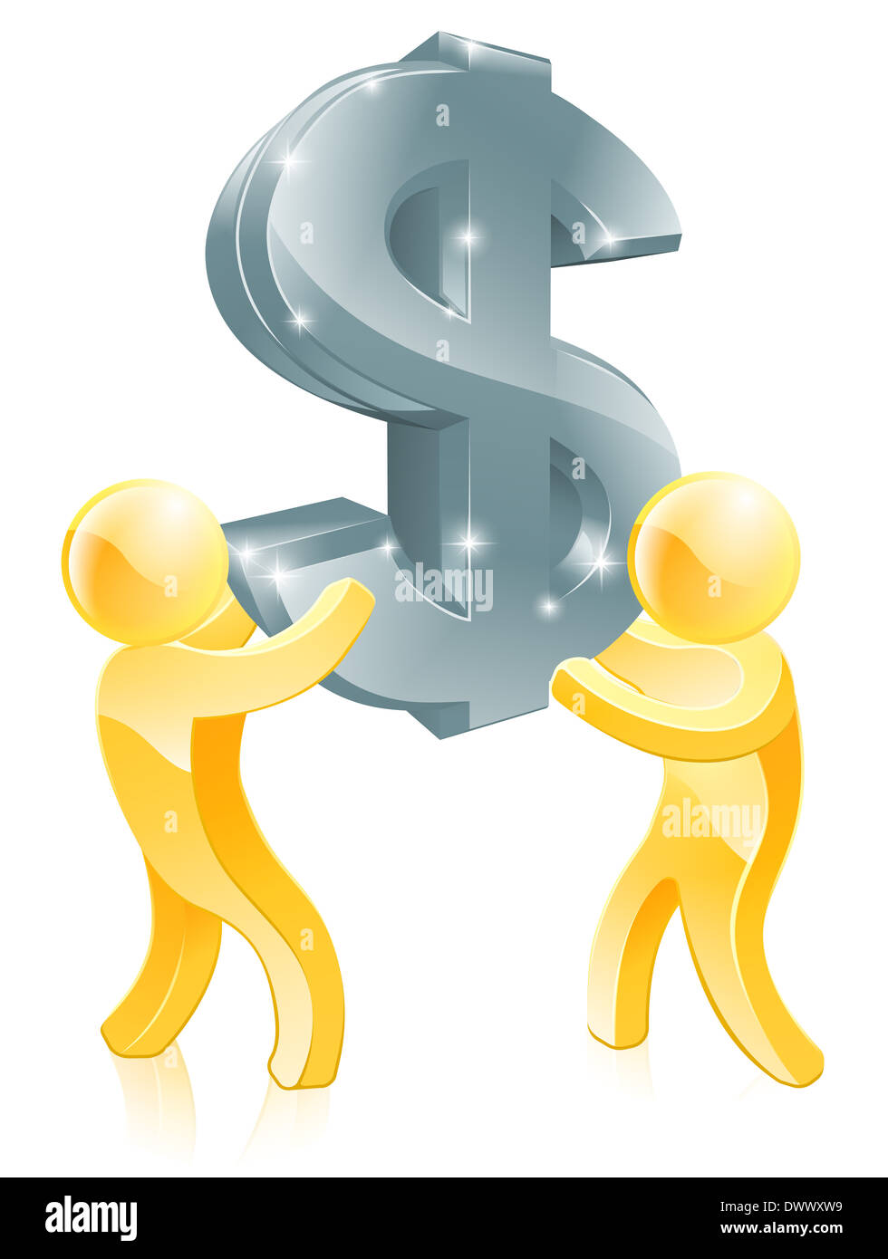 An illustration of two gold people mascots holding a big dollar sign ...