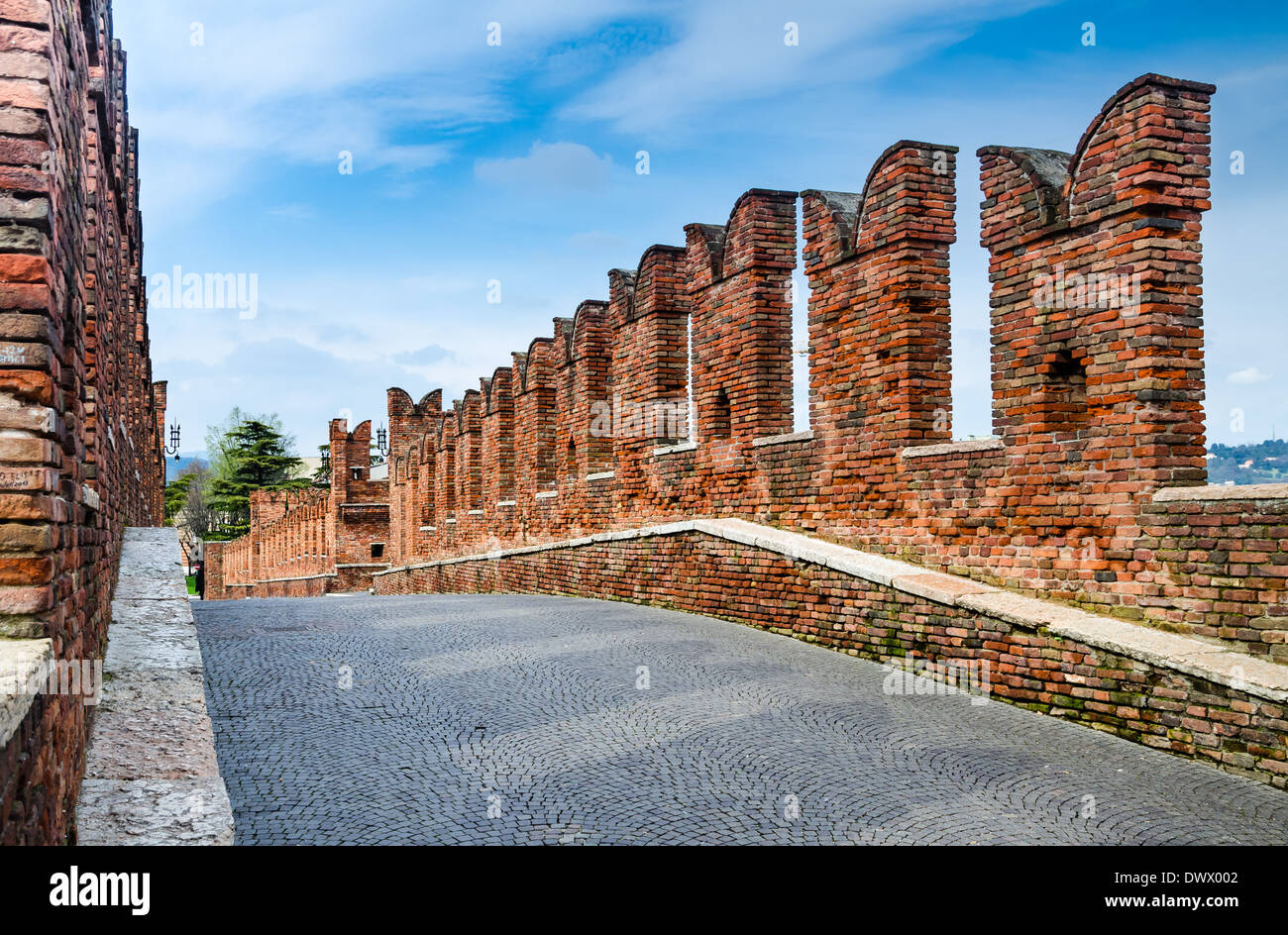 Verona, Italy. Medieval stone bridge of Ponte Scaligero, over Adige ...