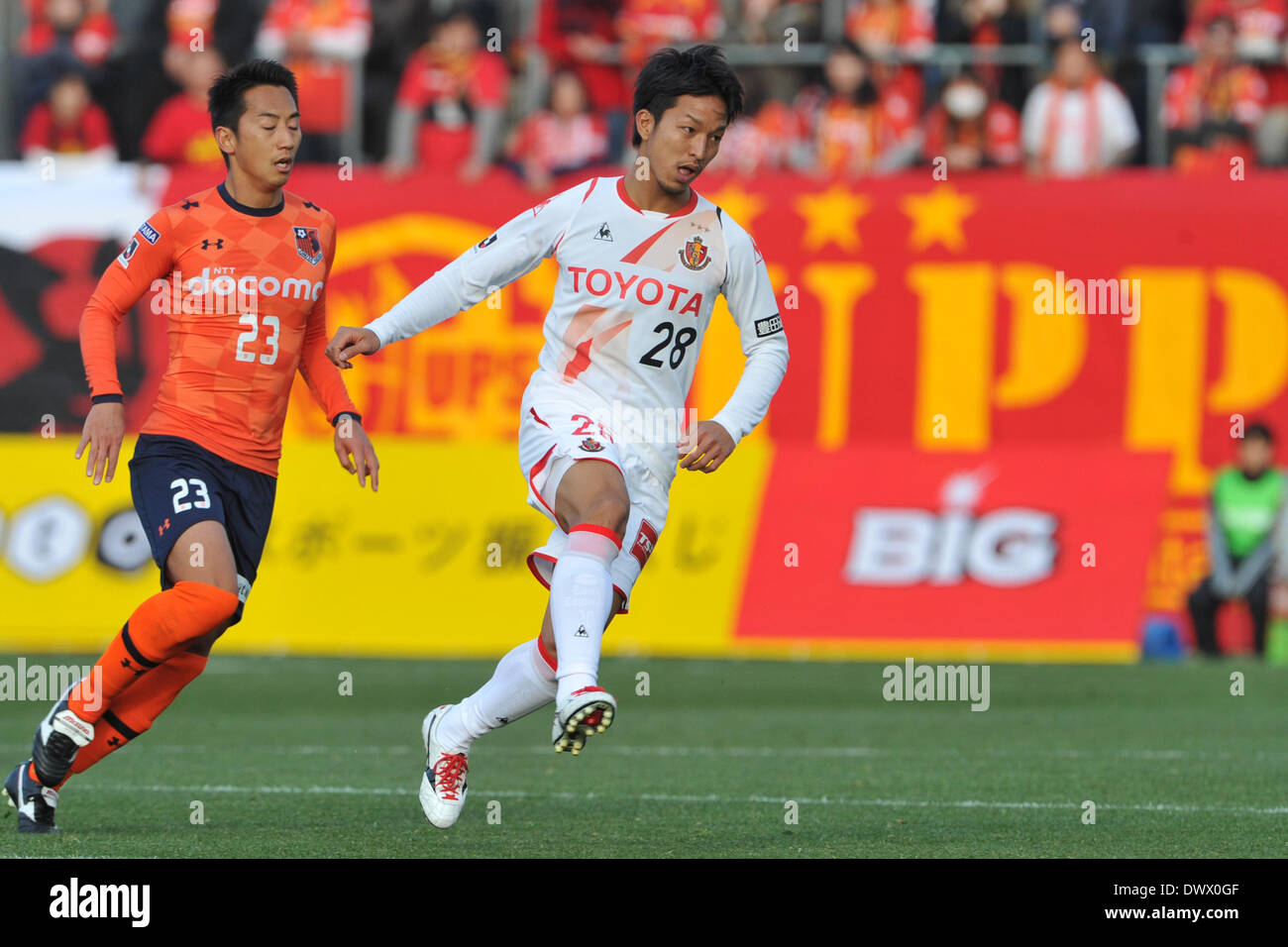 Saitama, Japan. 8th Mar, 2014. Shin Kanazawa (Ardija), Taishi Taguchi (Grampus) Football/Soccer ...