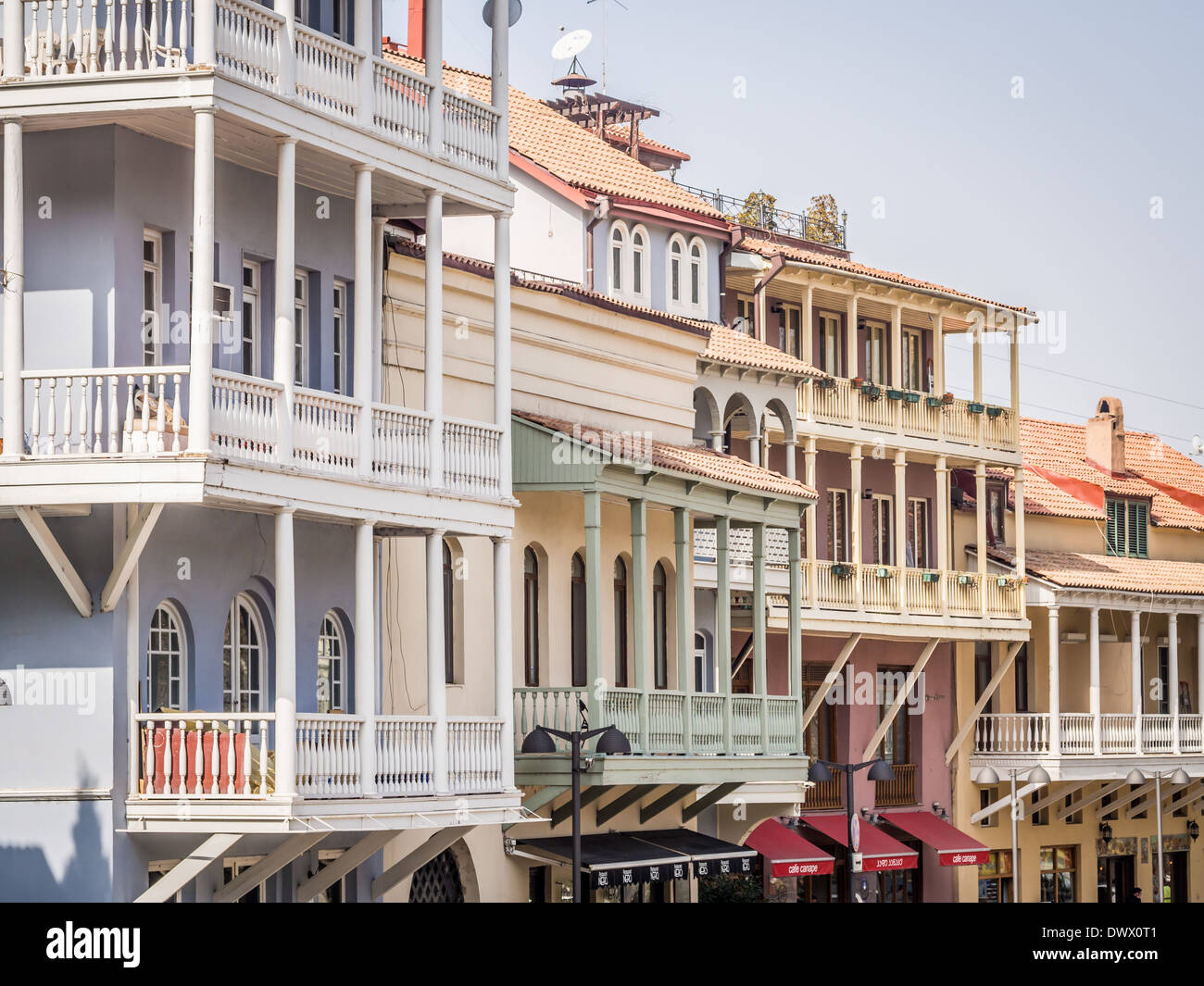 Colorful carved balconies in the Old Town of Tbilisi, Georgia, close to ...