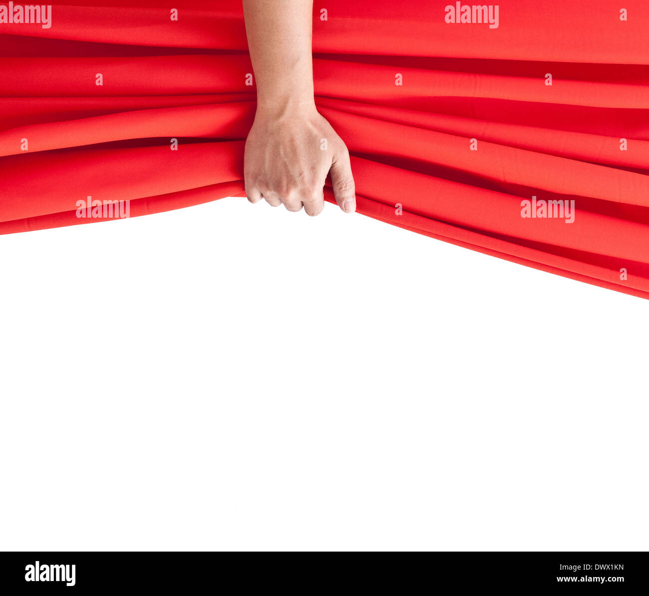 hand opening red curtain on white Stock Photo - Alamy