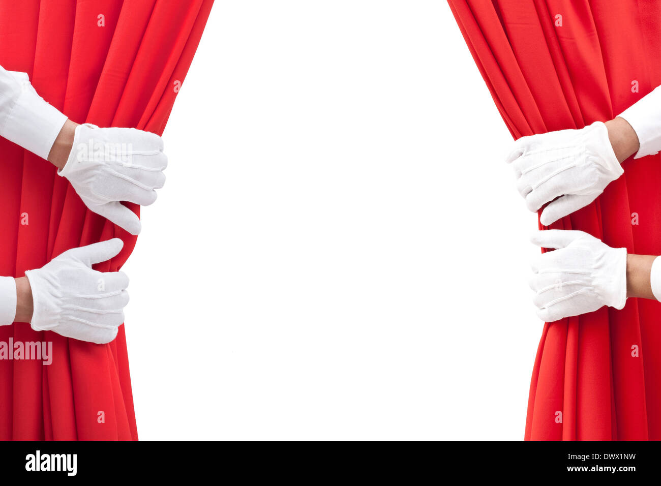 hands opening red curtain on white.a Stock Photo - Alamy