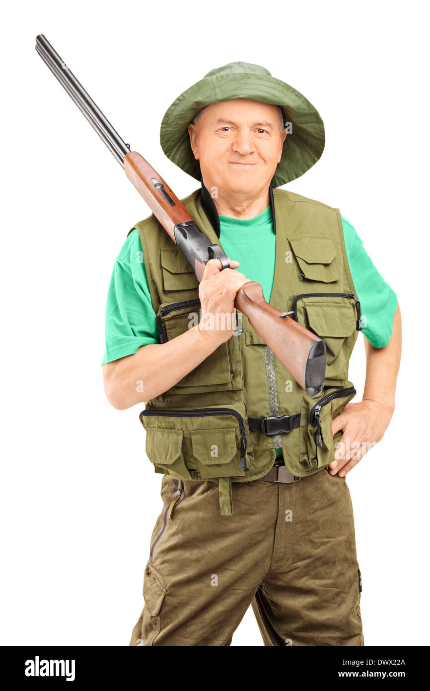 Male hunter holding a rifle isolated on white background Stock Photo ...