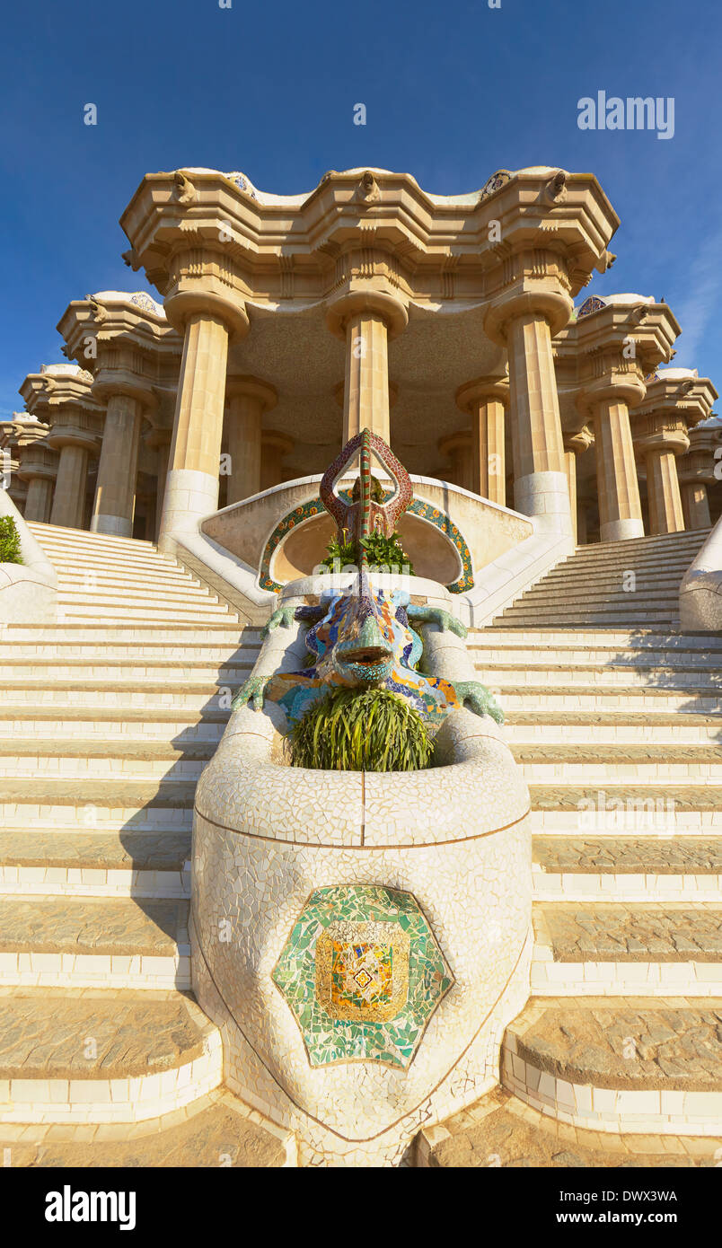 The Dragon Stairway, Parc Güell, by Antoni Gaudi. Barcelona. Catalonia ...