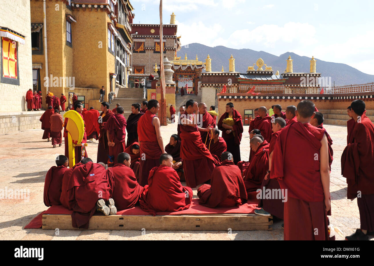 Shangri-La, Yunnan, China. 14 March 2014. A Buddhist scripture debate ...