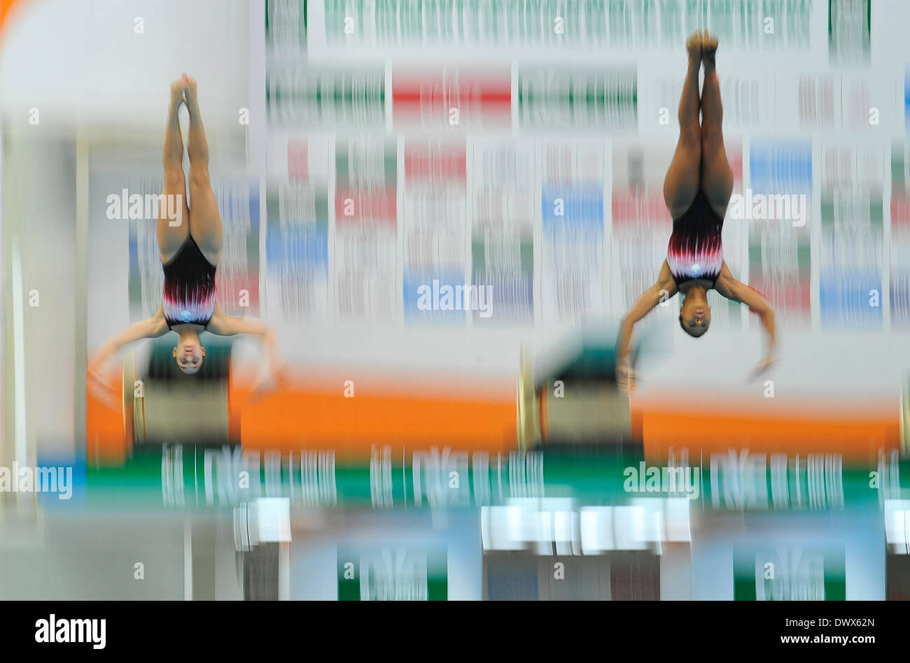 Beijing, China. 14th Mar, 2014. Canada's Jennifer Abel(R)/Pamela Ware ...