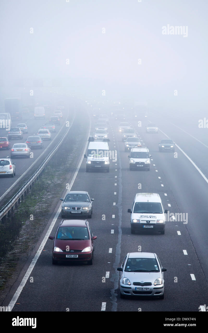 The M42 Motorway shrouded in fog near Solihull, West Midlands Stock ...
