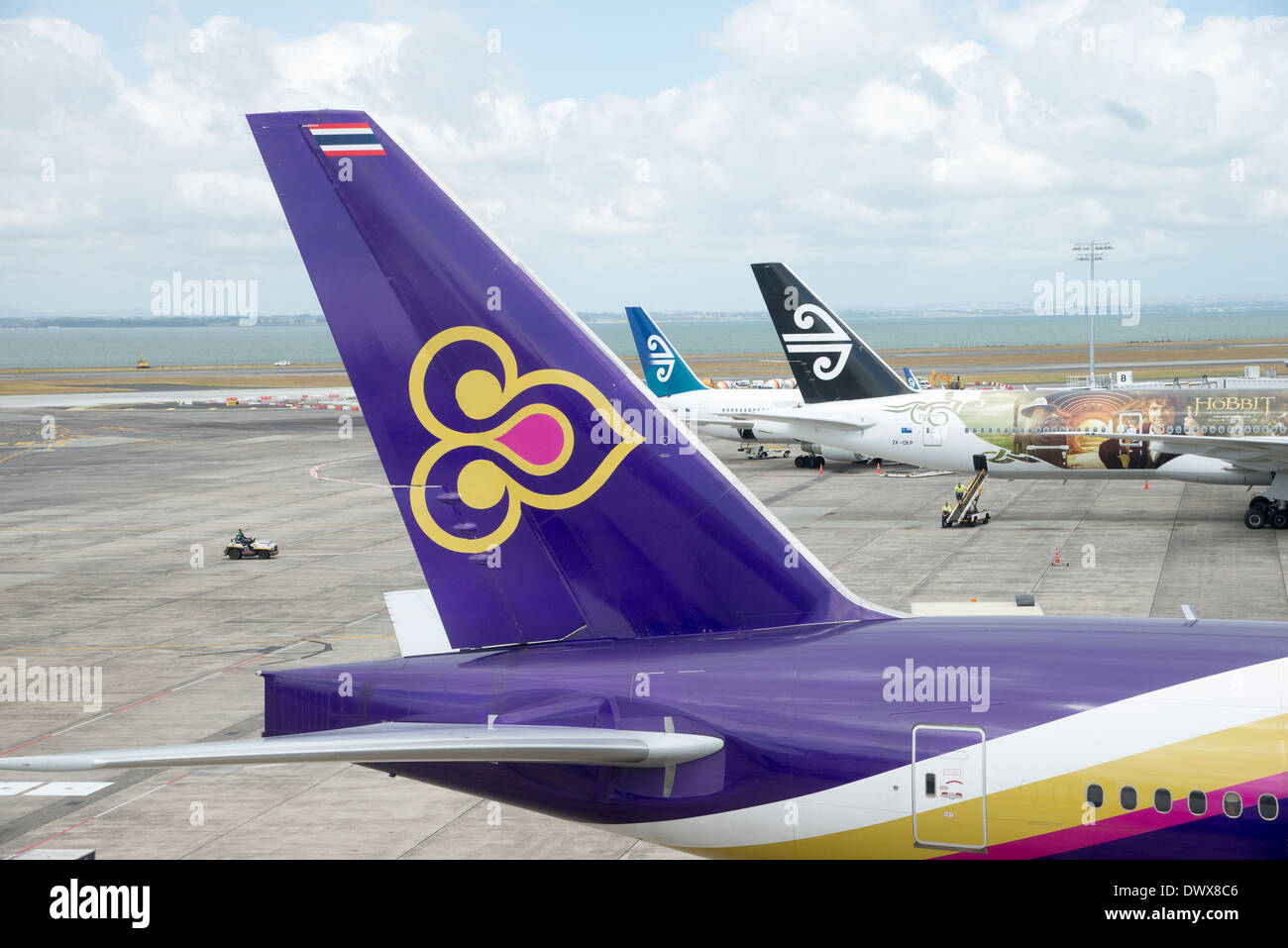 Aircraft tailplane of Thai and Air New Zealand aircraft at Auckland ...