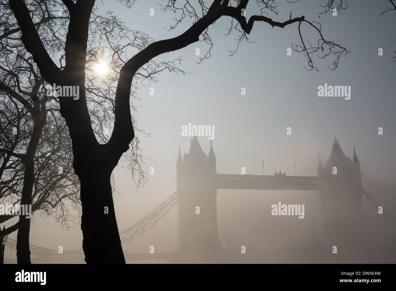 London UK. 14 March 2014, Fog falls on Tower Bridge in Central London ...