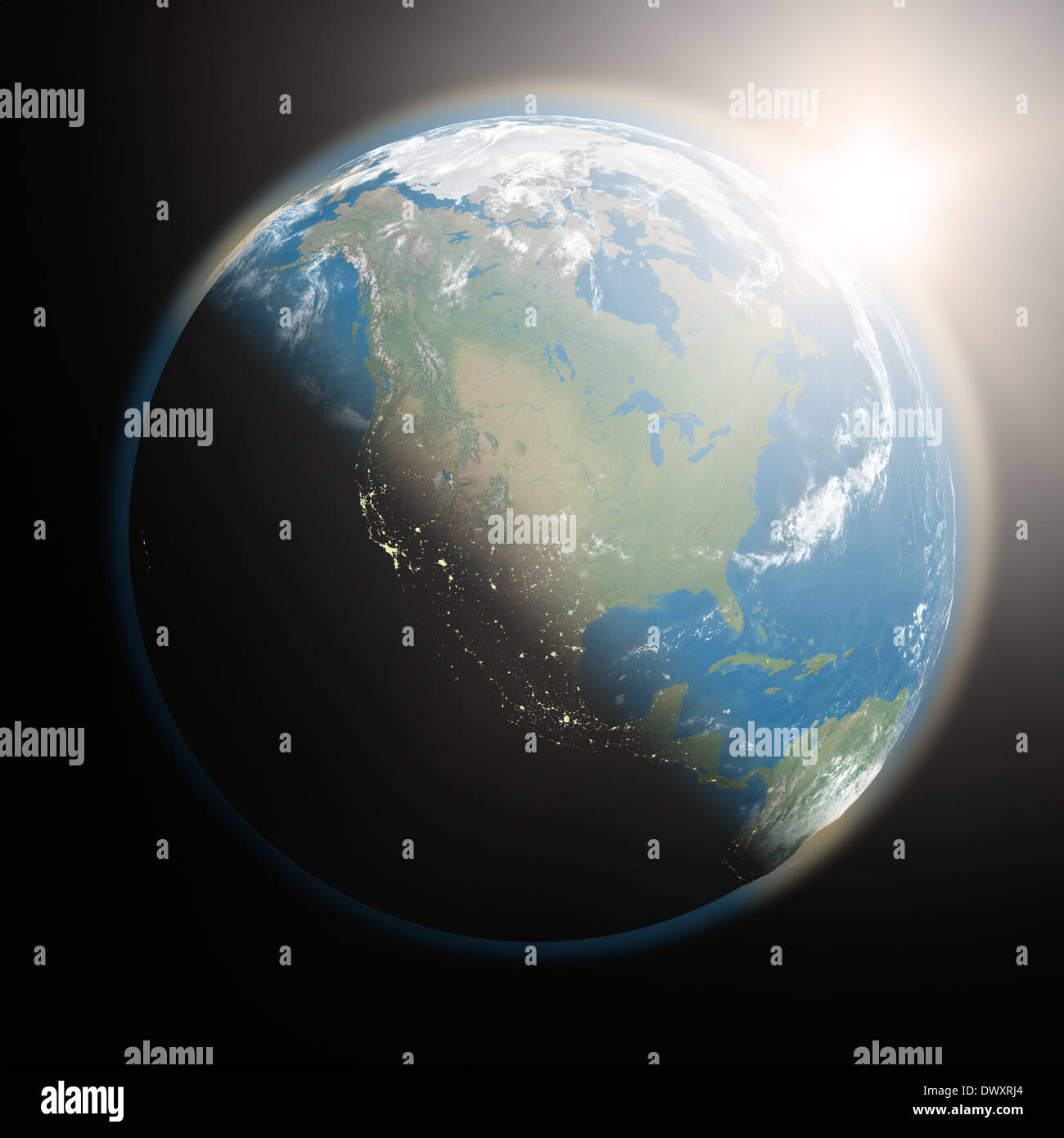 Space view of the sun rising over North America on planet Earth ...