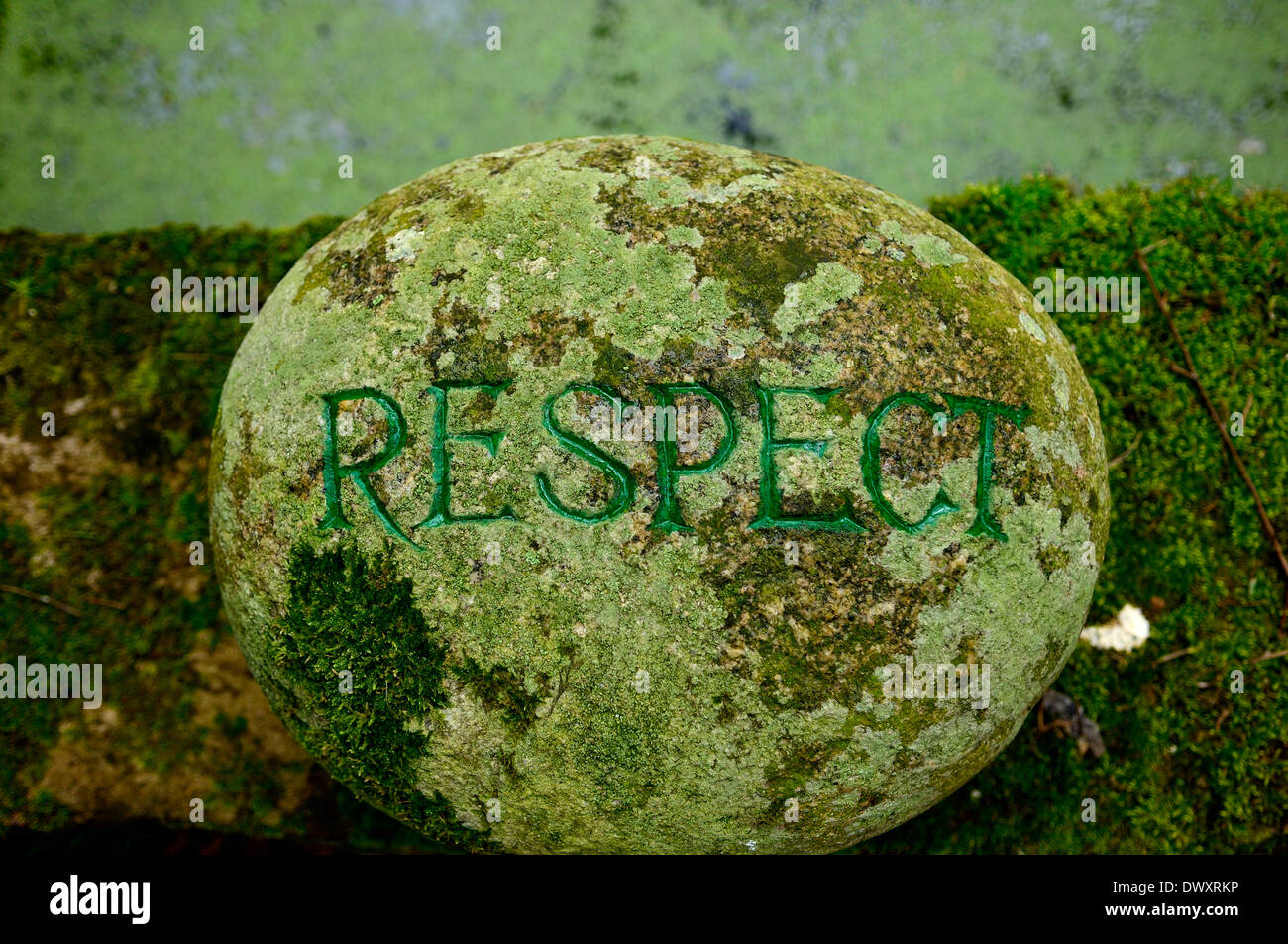 Respect written on a decorative stone. Botanic Gardens of Château de ...