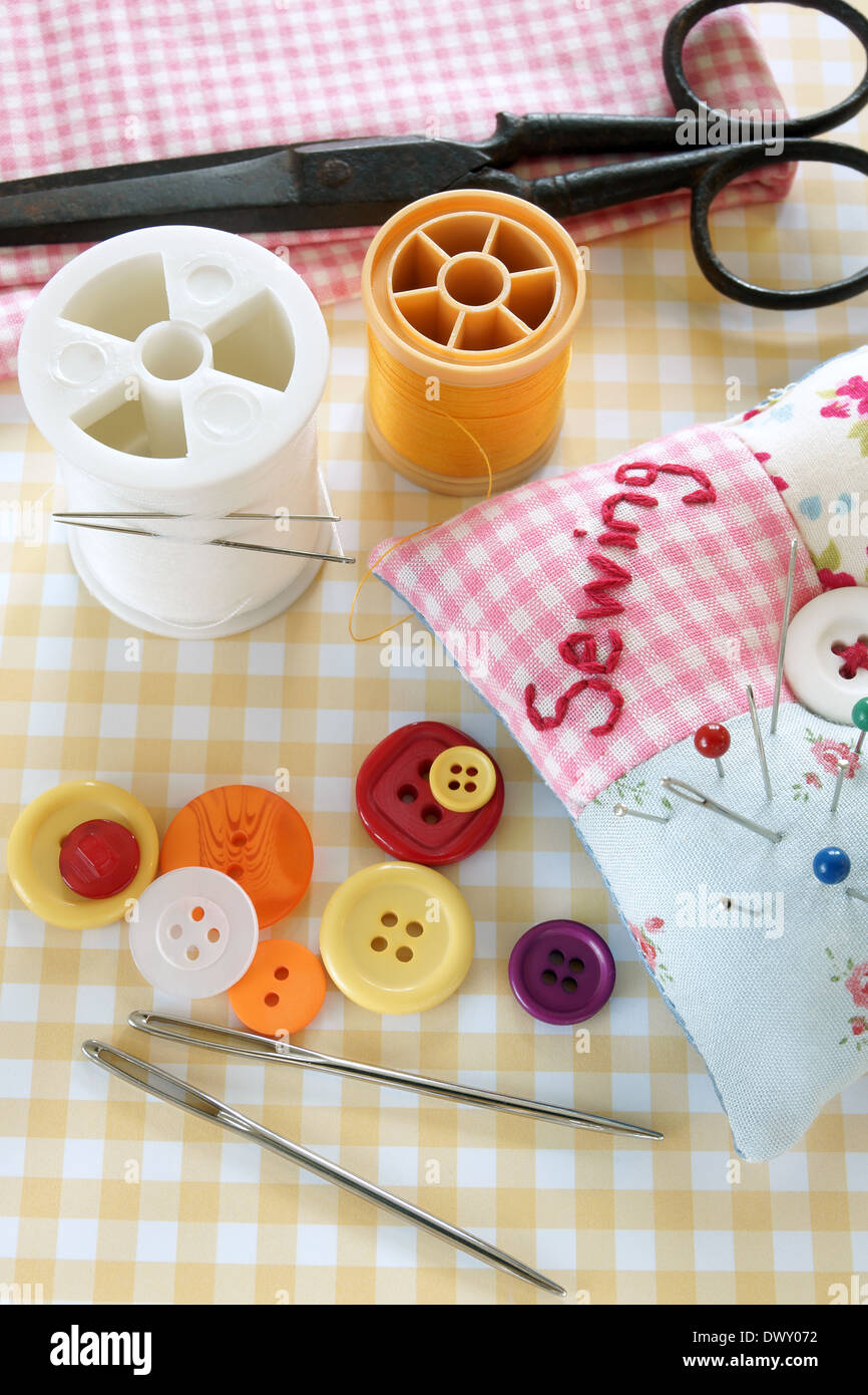 Sewing items including antique scissors, thread, textiles, pins and ...