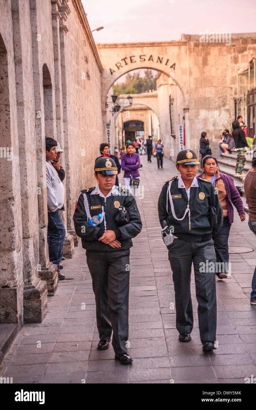 Police women walking near the craft market of Arequipa, Peru Stock ...