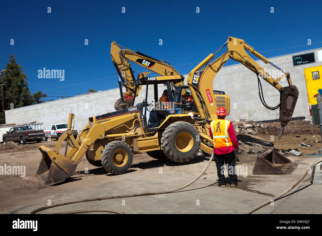 Caterpillar 446 Loader Backhoe on a construction site, picture taken in ...