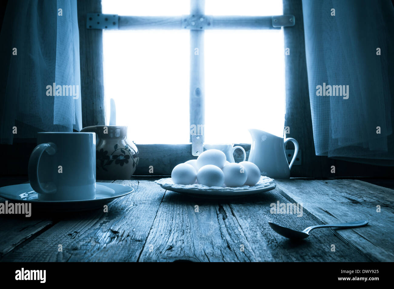Old kitchen table in a rural cottage in the morning Stock Photo - Alamy