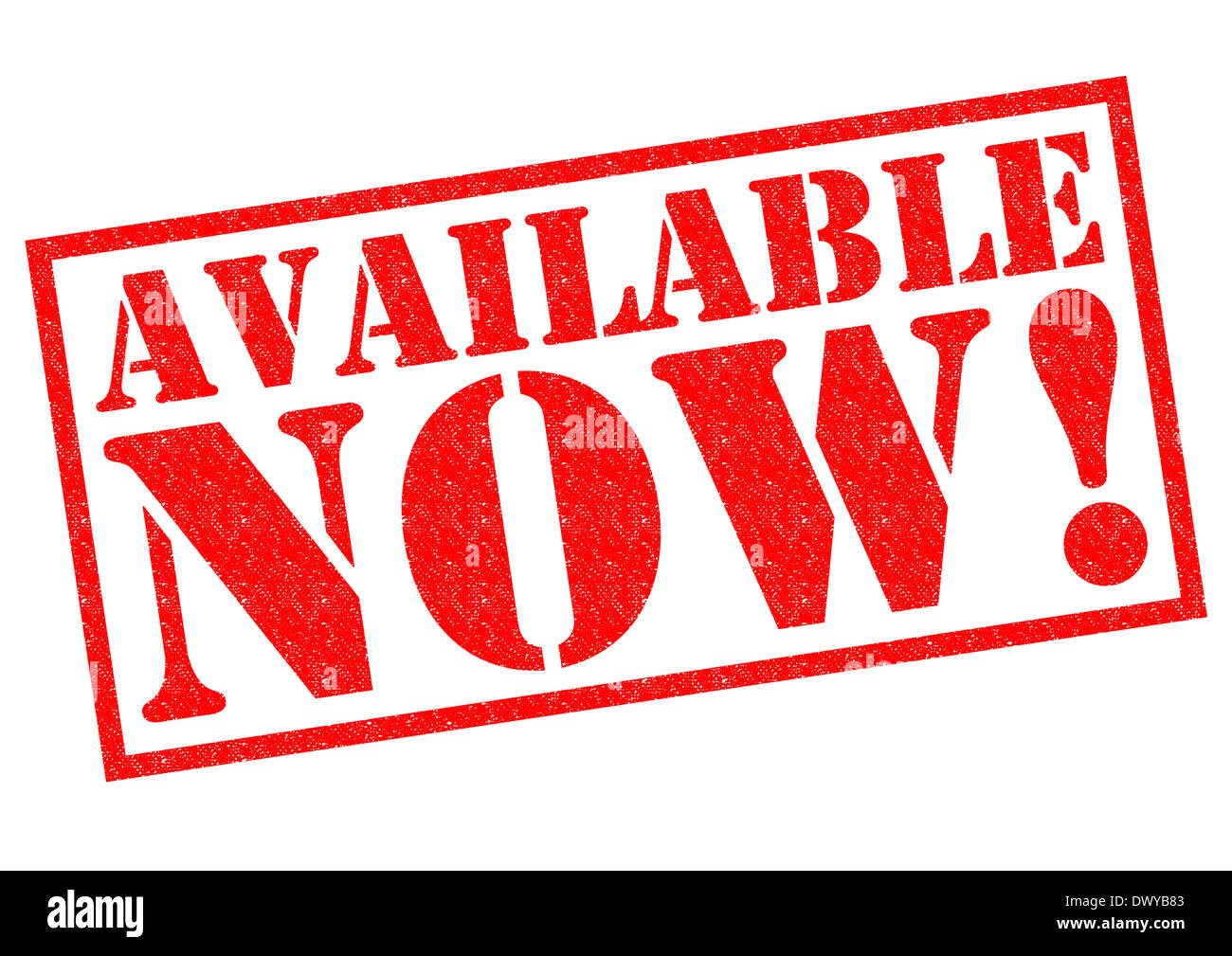 AVAILABLE NOW! red Rubber Stamp over a white background Stock Photo - Alamy