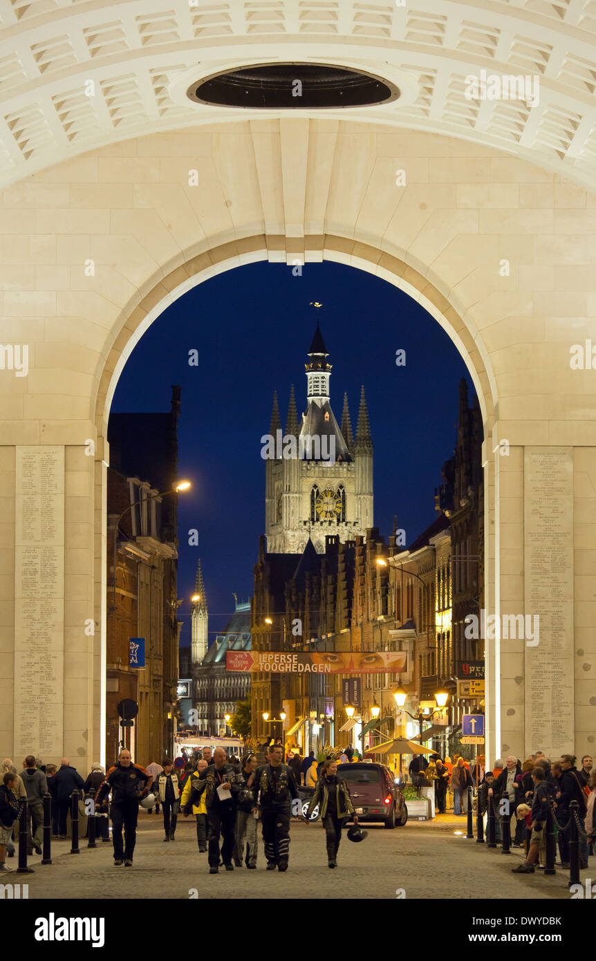 Ypres, Belgium, look through the Menin Gate on the Cloth Hall Stock ...