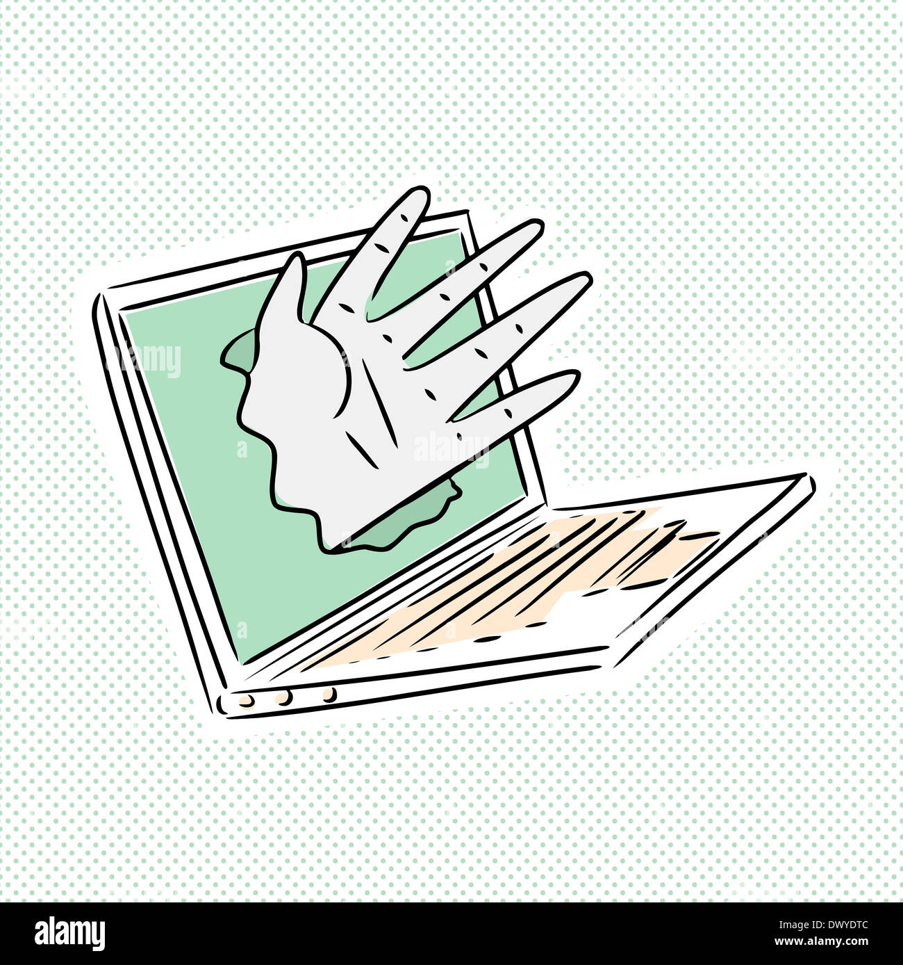 Hand reaching from laptop over dotted background Stock Photo - Alamy